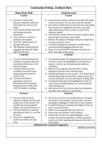 Continuation (Narrative) Feedback Sheet | Teaching Resources