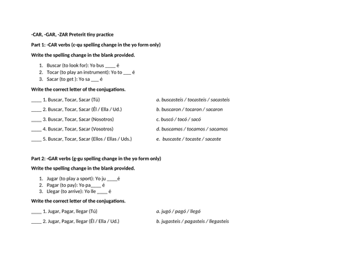 -CAR, -GAR, -ZAR Preterit tiny practice | Teaching Resources