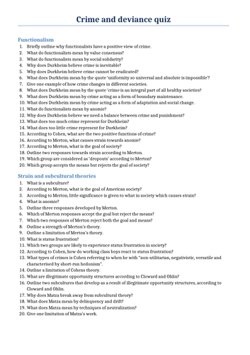 233 quiz questions on crime and deviance A level Sociology | Teaching ...