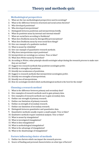 321 quiz questions on Theory and Methods A level Sociology | Teaching ...