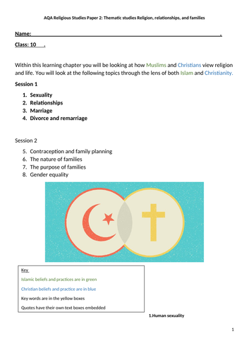 AQA Religious Studies: Relationships Theme Workbook | Teaching Resources