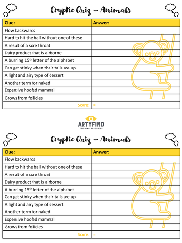 Cryptic Quiz – Animals; Starter, Plenary, Extension Task, Tutor time ...