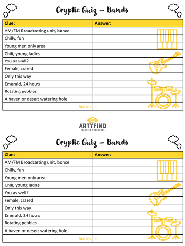 Cryptic Quiz – Bands; Starter, Plenary, Extension Task, Tutor time ...