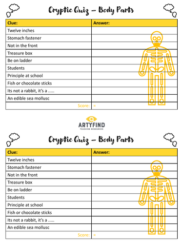 Cryptic Quiz – Body Parts; Starter, Plenary, Extension Task, Tutor time ...