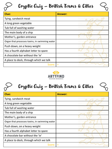 Cryptic Quiz – British Towns & Cities; Starter, Plenary, Extension Task ...