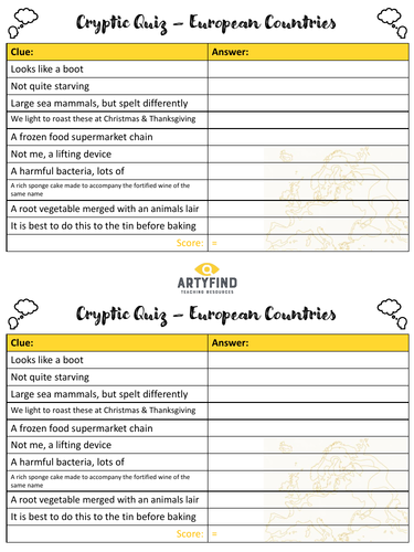 Cryptic Quiz – European Countries; Starter, Plenary, Extension Task ...