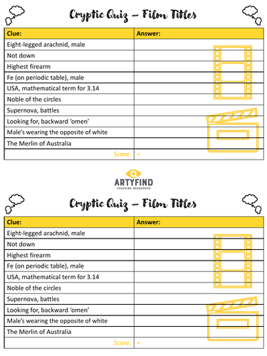 Cryptic Quiz – Film Titles; Starter, Plenary, Extension Task, Tutor ...