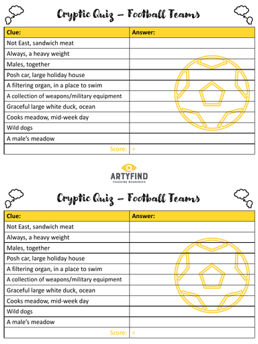 Cryptic Quiz – Football Teams; Starter, Plenary, Extension Task, Tutor ...