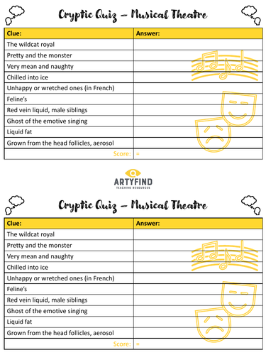 Cryptic Quiz – Musical Theatre; Starter, Plenary, Extension Task, Tutor ...