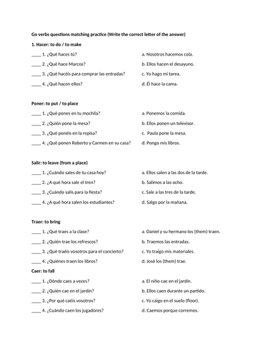 Go verbs questions matching practice | Teaching Resources