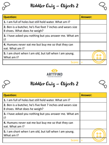 Riddle Quiz – Objects 2; Starter, Plenary, Extension Task, Tutor time ...