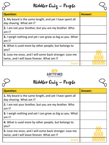 Riddle Quiz – People; Starter, Plenary, Extension Task, Tutor time ...