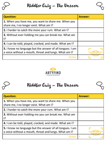 Riddle Quiz – The Unseen; Starter, Plenary, Extension Task, Tutor time ...