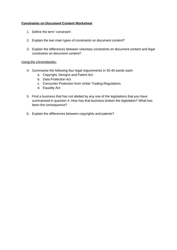Constraints Document Content | Teaching Resources