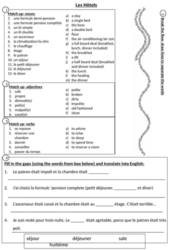 GCSE French Tourism- Conti Worksheet on Hotels | Teaching Resources
