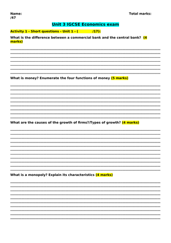 IGCSE Cambridge Economics (0987) Section 3 exam | Teaching Resources