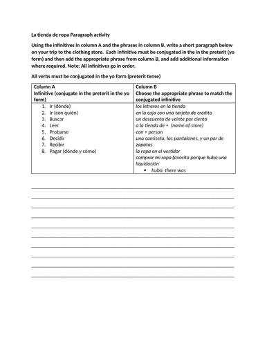 La tienda de ropa Paragraph activity | Teaching Resources