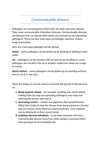 lesson one - communicable diseases | Teaching Resources