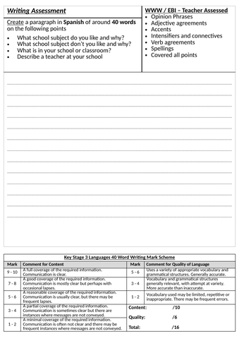 KS3 Writing Assessment MFL | Teaching Resources