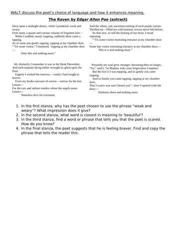 The Raven (Edgar Allen Poe) - Comprehension worksheet (vocabulary focus ...