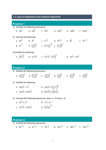 Laws Of Exponents And Rational Exponents Worksheet Teaching Resources