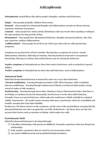 PSYCHOLOGY A LEVELS SCHIZOPHRENIA NOTES COMPLETE | Teaching Resources