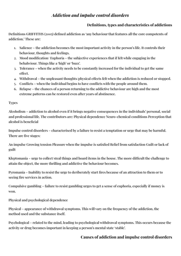 PSYCHOLOGY A LEVEL ADDITION AND IMPULSE CONTROL DISORDER NOTES ...