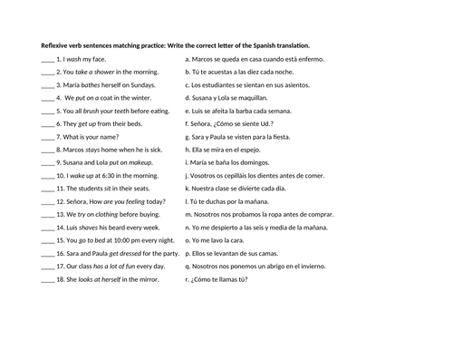 Reflexive verb sentences matching practice | Teaching Resources