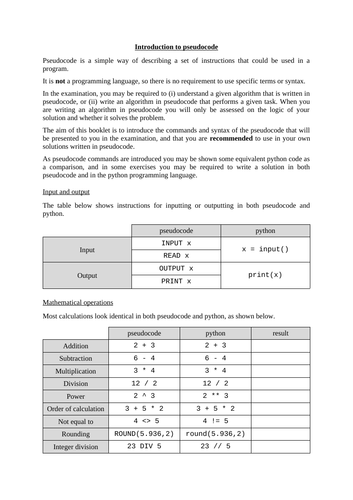 Introduction to pseudocode (iGCSE Computer Science) | Teaching Resources Introduction to pseudocode (iGCSE Computer Science) | Teaching Resources