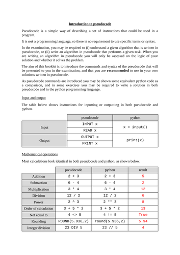 Introduction to pseudocode (iGCSE Computer Science) | Teaching Resources Introduction to pseudocode (iGCSE Computer Science) | Teaching Resources