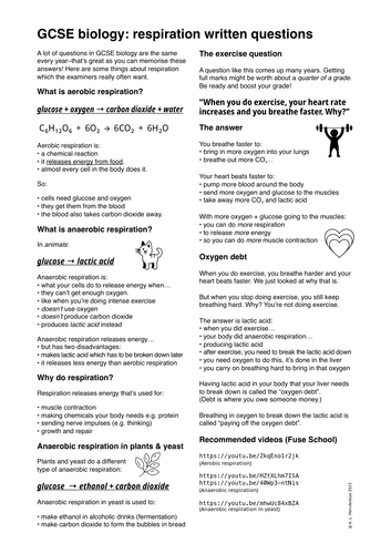 Biology respiration worksheet and revision notes, AQA GCSE biology and ...
