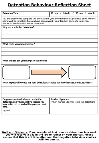 Detention Behaviour Reflection Sheet | Teaching Resources