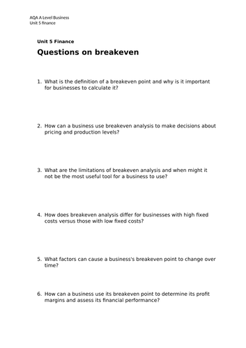 Breakeven questions UNIT 5 Finance | Teaching Resources