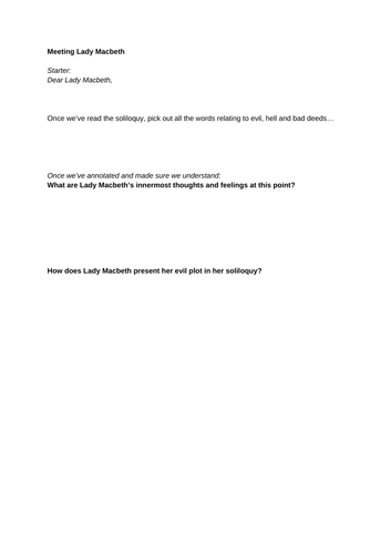 Lady Macbeth - Act 1 Scene 5 | Teaching Resources