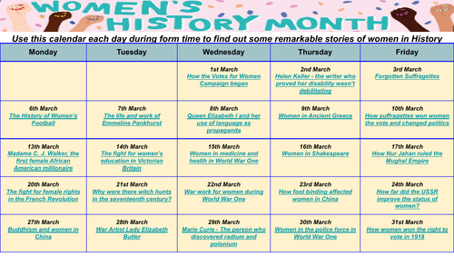 Women's History Month Calendar | Teaching Resources