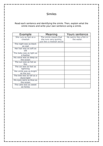 Similes work sheet | Teaching Resources