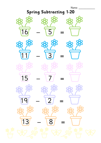 Spring Subtraction (2 on 1-10, 2 on 1-20) | Teaching Resources