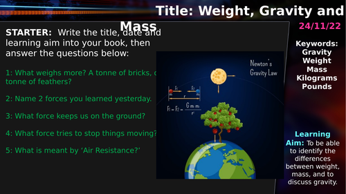 Year 7 Gravity, Weight & Mass Lesson | Teaching Resources