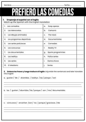 Spanish KS3 - Viva 2, 2.3 Prefiero las comedias worksheet | Teaching ...