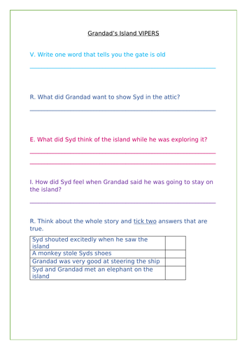 Reading VIPERS Y2 Grandad's Island | Teaching Resources