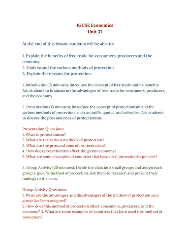 IGCSE Economics - Unit 37 - Free Trade and Methods of Protection | Teaching Resources
