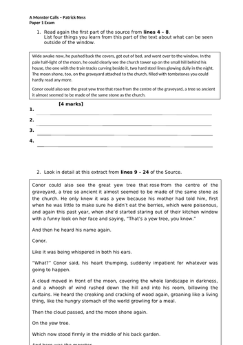 A Monster calls assessment and mark scheme | Teaching Resources