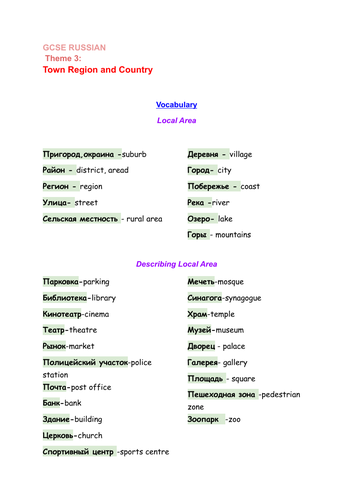 Russian GCSE: Town, Region and Country (vocab, comprehension, exercises ...