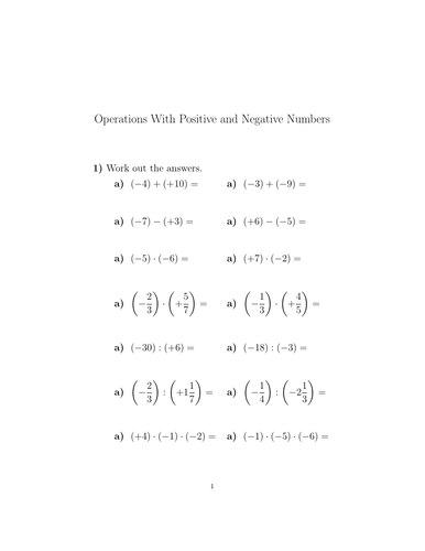 4 Operations With Positive and Negative Numbers Worksheet (with ...