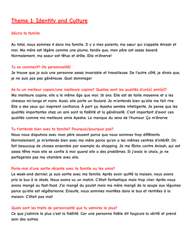 GCSE French Theme 1 Model Answers Speaking Writing | Teaching Resources