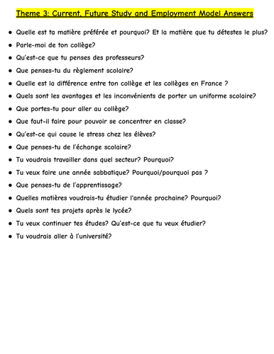 GCSE French Theme 3 Model Answers Speaking Writing | Teaching Resources