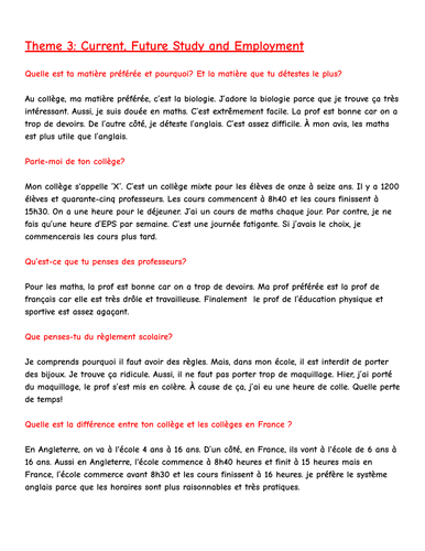 GCSE French Theme 3 Model Answers Speaking Writing | Teaching Resources