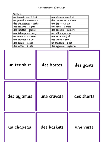 Les vêtements (Clothing) Matching Pairs | Teaching Resources