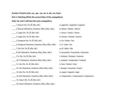 Preterit irregular and car gar zar verbs practice | Teaching Resources