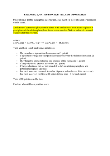 Balancing Chemical Equations Identifying Common Errors Teaching Resources 